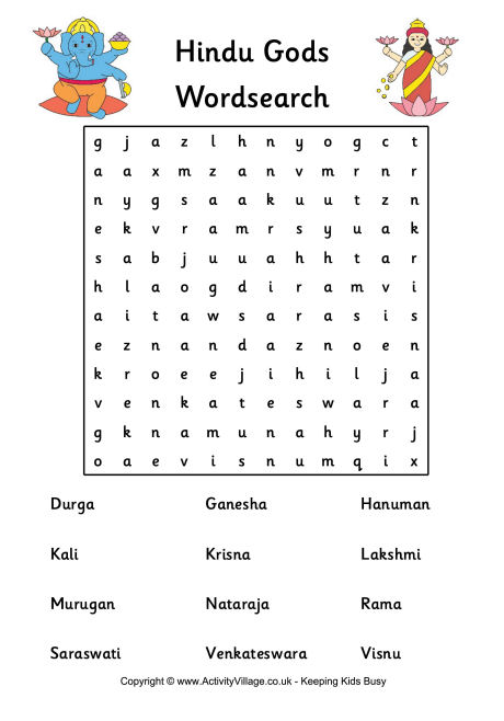 Hindu Gods Word Search Hindu Gods Word Search